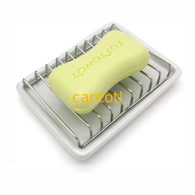 Ceramic Soap Dish with Stainless Steel Tray Self Draining Soap Holder Sponge Holder for Shower, Bathroom, Kitchen Sink