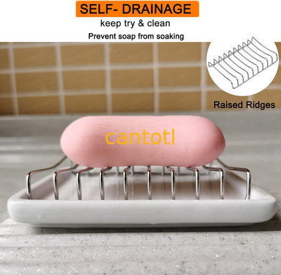Ceramic Soap Dish with Stainless Steel Tray Self Draining Soap Holder Sponge Holder for Shower, Bathroom, Kitchen Sink