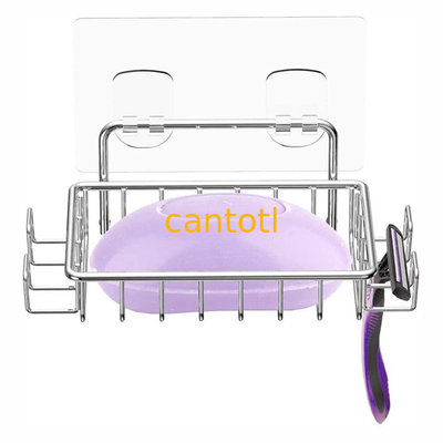 No Drilling Stainless Steel Adhesive Soap Dish Soap Holder for Shower Wall with 4 Hooks