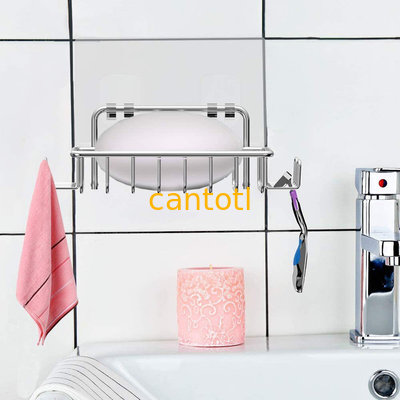 No Drilling Stainless Steel Adhesive Soap Dish Soap Holder for Shower Wall with 4 Hooks