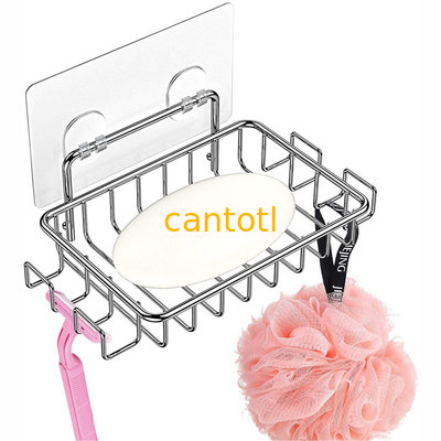 No Drilling Stainless Steel Adhesive Soap Dish Soap Holder for Shower Wall with 4 Hooks