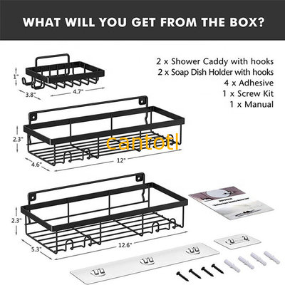 4PK No Drilling Adhesive Wall Mounted Bathroom Shelf Shower Caddy with 2 Soap Dishes