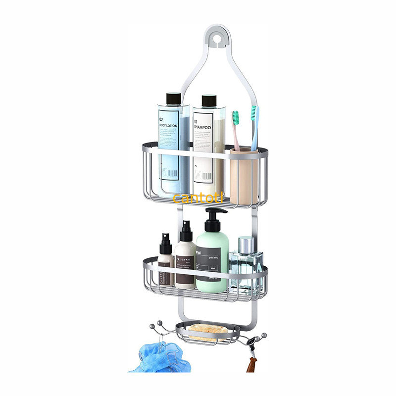 Non-slip Stylish Silver Shower Caddy Shower Storage Rack Basket with Hooks for Razor and Sponge