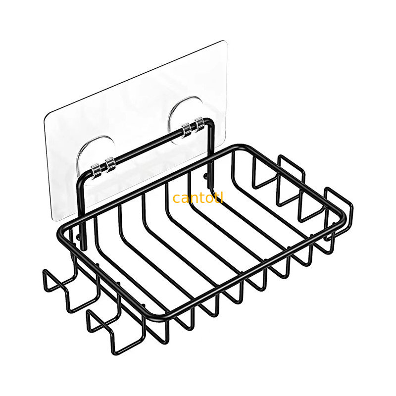 No Drilling Stainless Steel Adhesive Soap Dish Soap Holder for Shower Wall with 4 Hooks