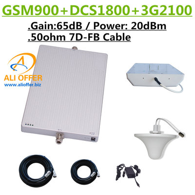 20dBm GSM DCS 3G 900 1800 2100 MHz TriBand Mobile Phone Signal Booster Repeater Amplifier+Panel+Dome Antenna+15m 7D-FD supplier