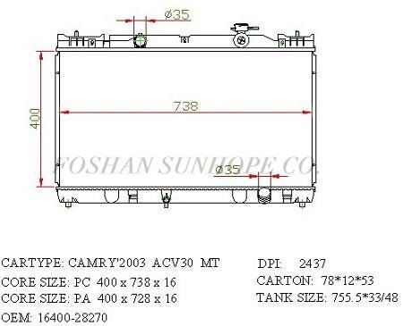 AT / MT Toyota Camry ACV30 2003 Plastic Aluminum Car Radiator OEM 16400-28280 TOY013/14