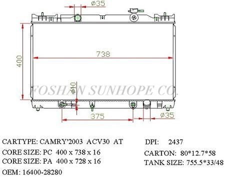 AT / MT Toyota Camry ACV30 2003 Plastic Aluminum Car Radiator OEM 16400-28280 TOY013/14