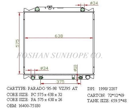 OEM 16400-75180 Toyota Prado Radiator VZJ95 26AT DPI 1998 / 2207 Oil Cooler Aluminum Welding