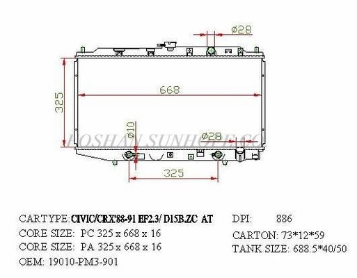 Tube - Fin Core Honda Civic Radiator CRX'88-91 Water Cooled With Temp Sensor