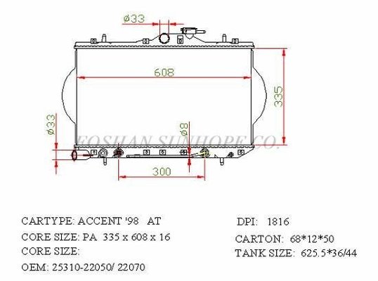 1998 Accent Hyundai Radiator Replacement OEM 25310-22050 / 22070 HYU027 Humidity Resist