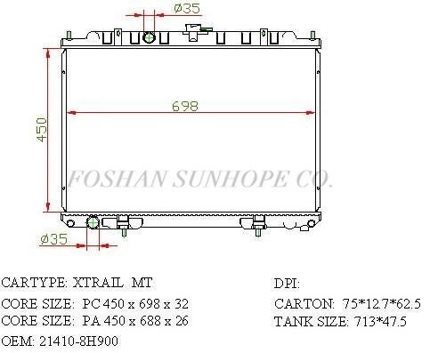 Inlet 35mm Nissan X Trail Radiator MT OEM 21410-8H900 Plastic Tank Silver Color