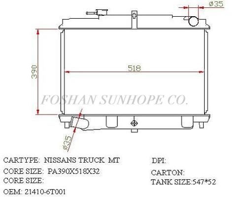 Aluminum Brazed Nissan Car Radiator TRUCK MT OEM 21410-6T001 Inlet / Outlet 35mm