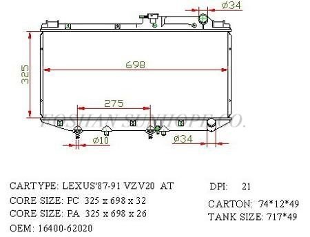 26mm Core Toyota Radiator Replacement Lexus' 87-91 VZV20 26AT Max Heat Transfer