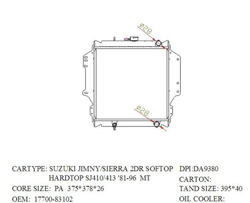 Plastic Tank Suzuki Car Radiator DPI DA9380 , Suzuki Sierra Radiator 2DR Softop 17700-83102