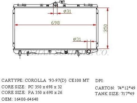 Toyota Corolla Aluminum Car Radiators MT OEM 16400-64640 Inlet / Outlet 31mm
