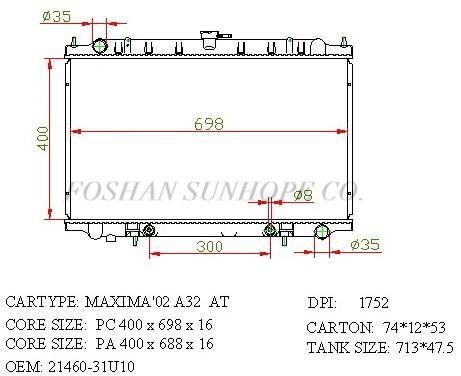 Inlet / Outlet 35mm Nissan Car Radiator , Nissan Maxima Radiator 713*47.5mm Tank