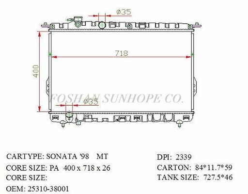 Aluminum Core  Hyundai Car Radiator HYU075 SONATA'98 OEM 25310-38001 Auto Cooling