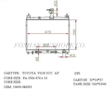 Toyota Vios 16400-0M020 Aluminium Car Cooling Radiator Heat Exchanger