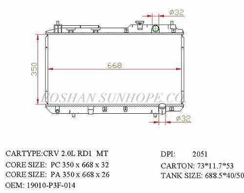 CRV 2.0L RD1 MT 19010-P3F-014 Auto Heating Cooling System In Vehicle Core Size 350*668*26
