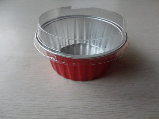 150ml Baking Foil Casserole Dishes Individual Packed With Plastic Lid Red Coated Round Shape