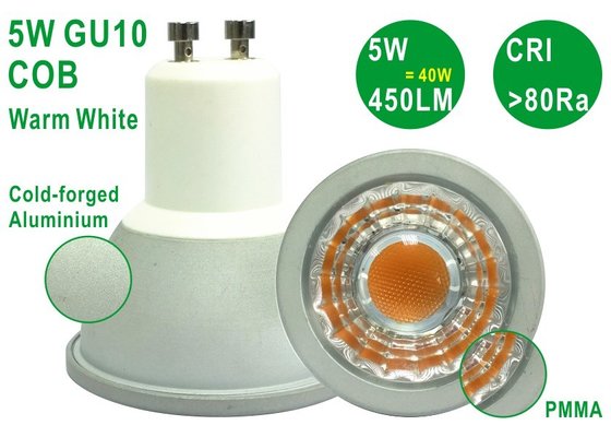 CE RoHS Aluminium Epistar COB 5W 450LM 80Ra 3000K GU10 E27 E14 Spotlight
