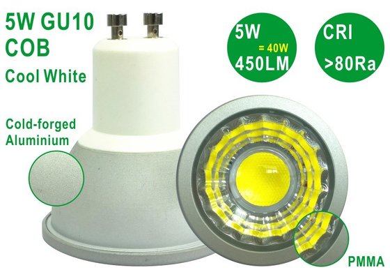 CE RoHS Aluminium Epistar COB 5W 450LM 80Ra 6000K GU10 E27 E14 Spotlight