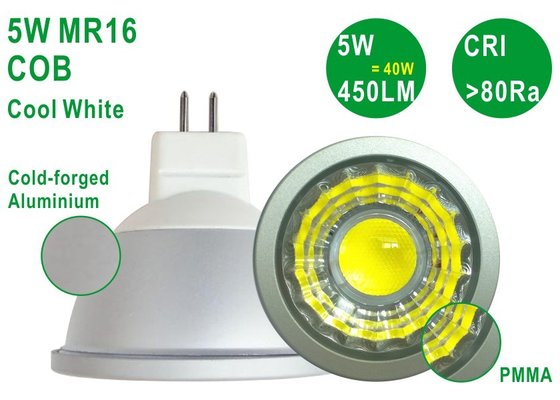 Energy Saving Aluminium 5W 450LM CRI80 Bright G5.3 MR16 Cool White COB Spotlight
