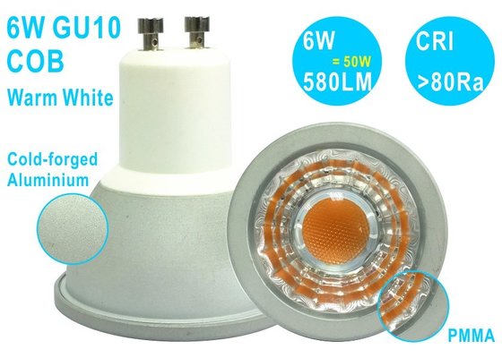6W 580LM Cold-forging Aluminium GU10 COB LED Ultra Bright Spotlight  - Warm White