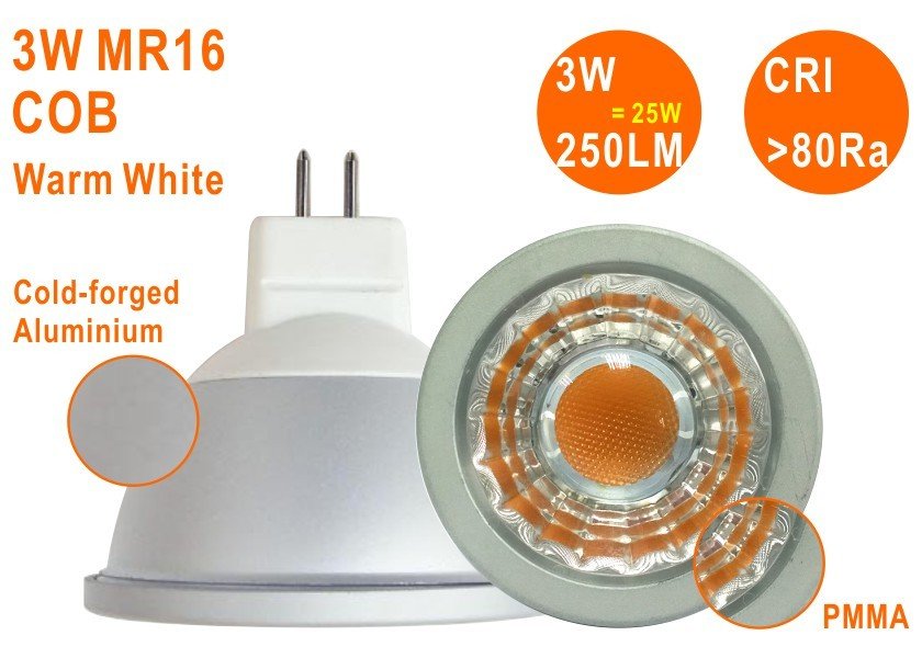 25W Halogen Replacment Epistar COB CE RoHS MR16 GU10 3W 3000K Dimmable Spot Light