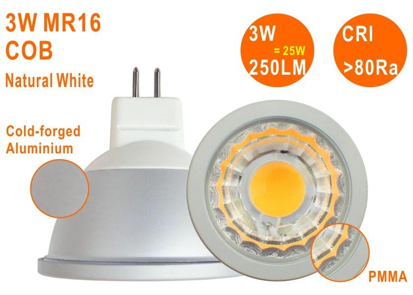 25W Halogen Replacment Epistar COB CE RoHS MR16 GU10 3W 4500K Dimmable Spot Light