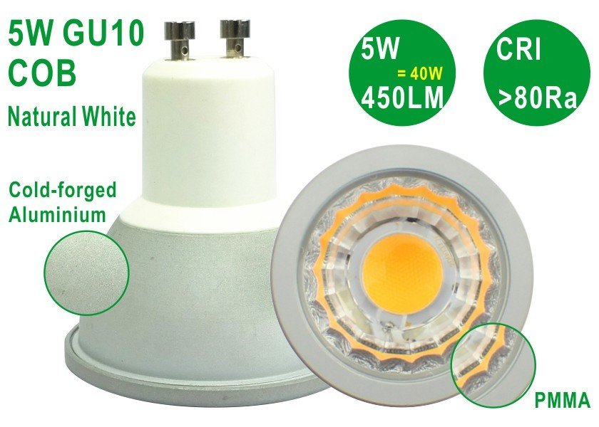 CE RoHS Aluminium Epistar COB 5W 450LM 80Ra 4500K GU10 E27 E14 Spotlight