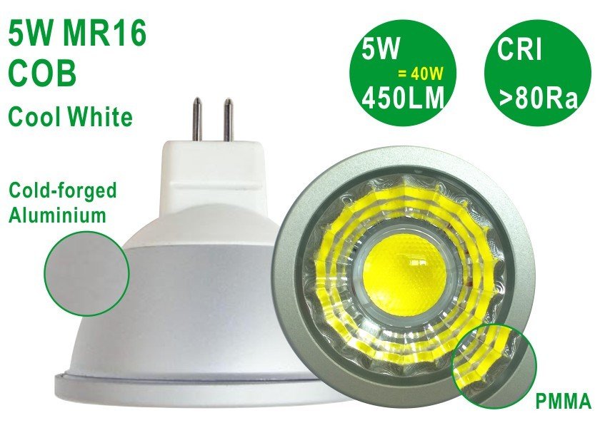 Energy Saving Aluminium 5W 450LM CRI80 Bright G5.3 MR16 Cool White COB Spotlight