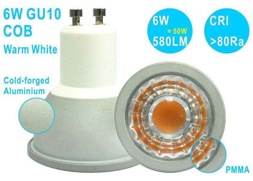 6W 580LM Cold-forging Aluminium GU10 COB LED Ultra Bright Spotlight  - Warm White