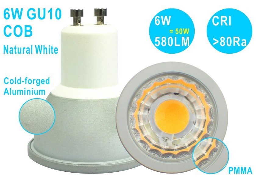 6W 580LM Cold-forging Aluminium GU10 COB LED Ultra Bright Spotlight  - Natural White
