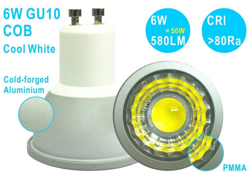 6W 580LM Cold-forging Aluminium GU10 COB LED Ultra Bright Spotlight  - Cool White