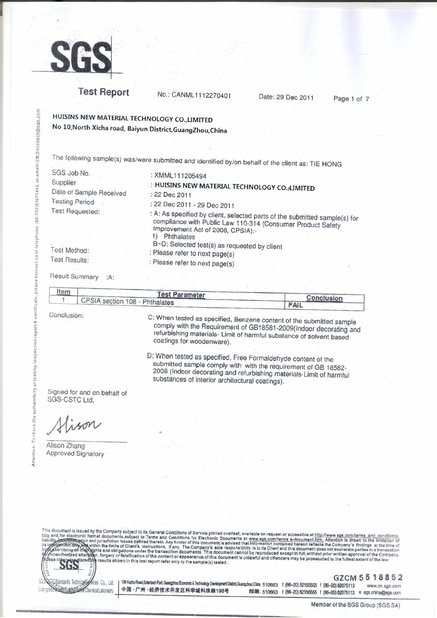 China Huisins New Material Technology Co., Limited certification
