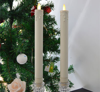 Dinner Moving Flame Warm Light 9 Inch Ivory Flameless Plastic Led Taper Candle With Dripped Tears Effect