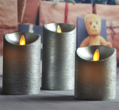 Battery Operated Silver Color Moving Wick Flameless Led Pillar Candles
