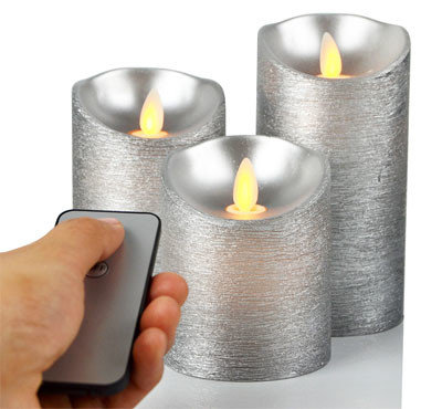 Battery Operated Silver Color Moving Wick Flameless Led Pillar Candles