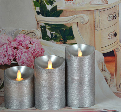 Battery Operated Silver Color Moving Wick Flameless Led Pillar Candles