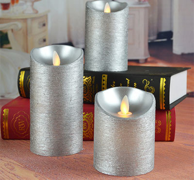 Battery Operated Silver Color Moving Wick Flameless Led Pillar Candles