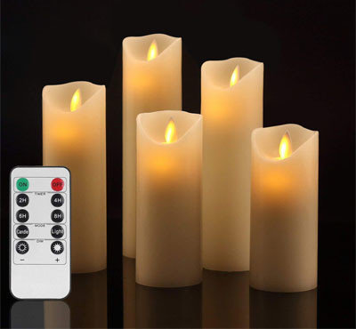 Set Of 5 Moving Wick Flameless Led Candles With Timer For Church Wedding Hotel