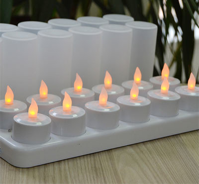 Remote Ready Amber Yellow Light Flickering Rechargeable LED Tealight Candle Set of 12 with Candle Container for Promotio