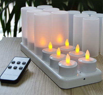 Remote Ready Amber Yellow Light Flickering Rechargeable LED Tealight Candle Set of 12 with Candle Container for Promotio