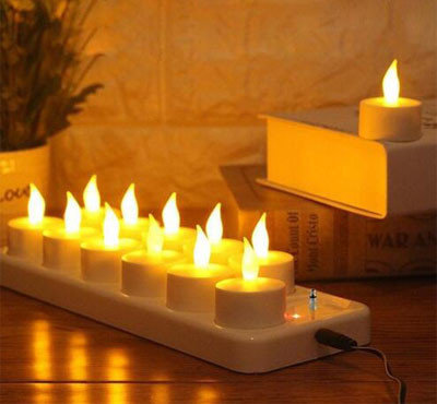 Remote Ready Amber Yellow Light Flickering Rechargeable LED Tealight Candle Set of 12 with Candle Container for Promotio