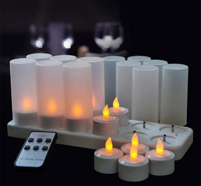 Remote Ready Amber Yellow Light Flickering Rechargeable LED Tealight Candle Set of 12 with Candle Container for Promotio