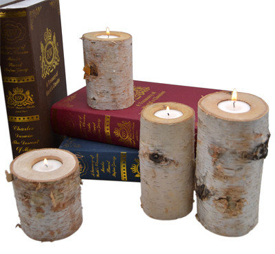 Beautiful rustic birch bark wooden tealight candle holders