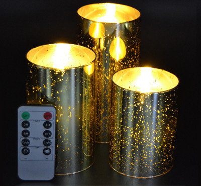 Moving Flame Gold Mercury Glass Flameless Pillar Candles