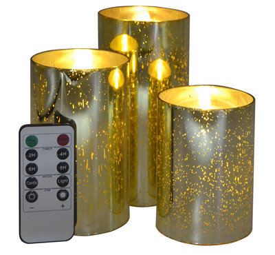Moving Flame Gold Mercury Glass Flameless Pillar Candles