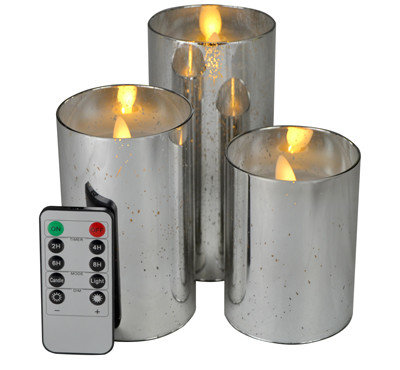 Moving Wick Silvery Mercury Glass Led Pillar Candles